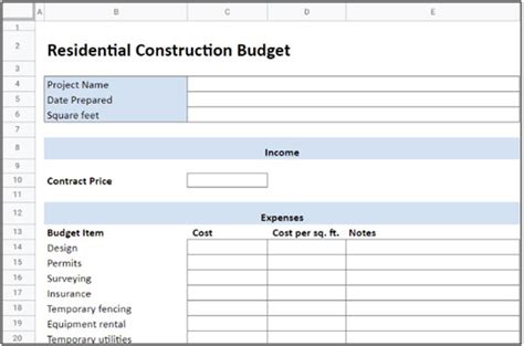Residential Building Construction Process Construction Spreadsheet