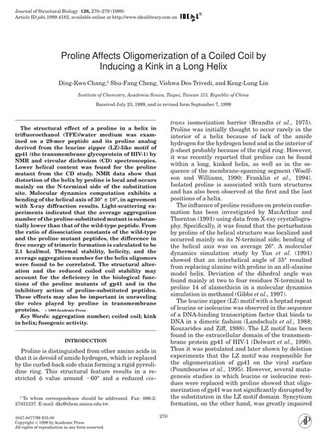Pdf Proline Affects Oligomerization Of A Coiled Coil By Inducing A