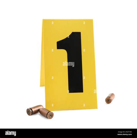 Bullets And Crime Scene Marker With Number One Isolated On White Stock
