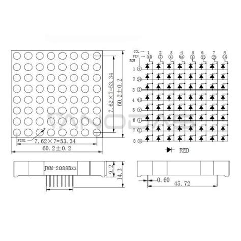 LED Dot Matrix 8x8 Red 60x60mm LED 5mm Common Anode