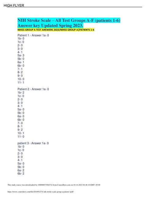 Nih Stroke Scale All Test Groups A F Patients 1 6 Answer Key