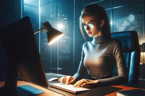 Premium Photo Female Programmer Sitting At The Table Working On The Computer