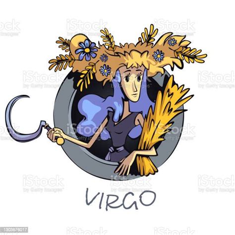 처녀 자리 조디악 사인 여자 플랫 만화 벡터 일러스트 점성술 기호 성격 꽃 화환소녀 상업용 인쇄 설계에 2d 문자를 사용할 준비가 되었습니다 격리된 개념 아이콘 가공의
