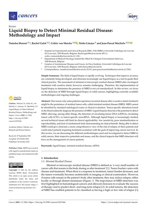 Pdf Liquid Biopsy To Detect Minimal Residual Disease Methodology And Impact
