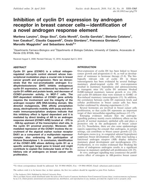 Pdf Inhibition Of Cyclin D1 Expression By Androgen Receptor In Breast Cancer Cells