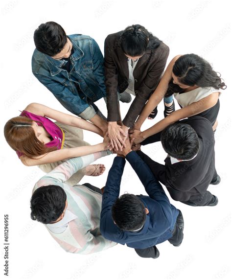 Top View Of People In Team Stack Hands At The Circle Together As Unity And Teamwork In Office
