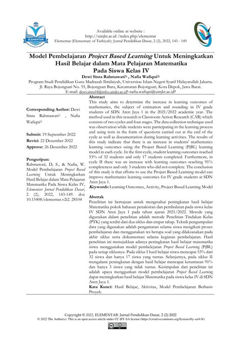 Pdf Model Pembelajaran Project Based Learning Untuk Meningkatkan
