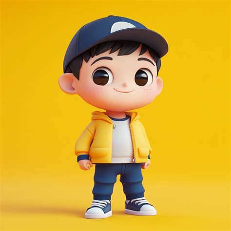 귀여운 한국 소년이 야구 모자를 쓰고 구두를 신은 모습 3d Maya 스타일로 생동감 있게 표현된 캐릭터 디자인 배경은 밝고 경쾌한 느낌으로 설정하여 소년의 매력을 강조