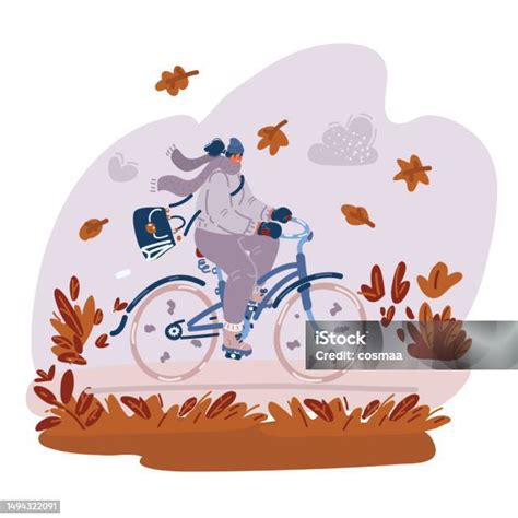 추운 날씨에 자전거를 타는 소녀의 벡터 그림 여자는 숲길에서 자전거를 탄다 캐릭터는 나무와 함께 가을 공원에서 시간을 보낸다 스포츠에 대한 스톡 벡터 아트 및 기타 이미지