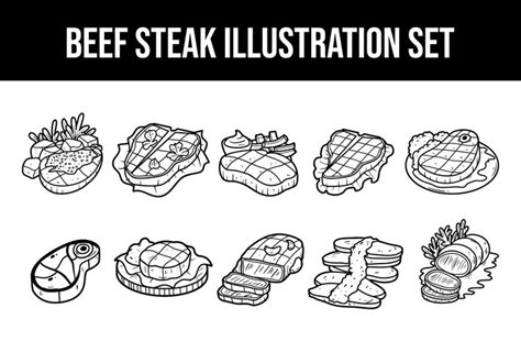 고기 스테이크 스케치 터 일러스트레이션 세트 프리미엄 벡터