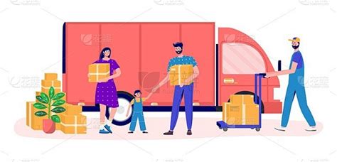 家人搬新家，房子。人们移动和收集箱子里的物资。人卡通人物打包行李。年轻同志拆包概念，送货，搬迁，搬箱