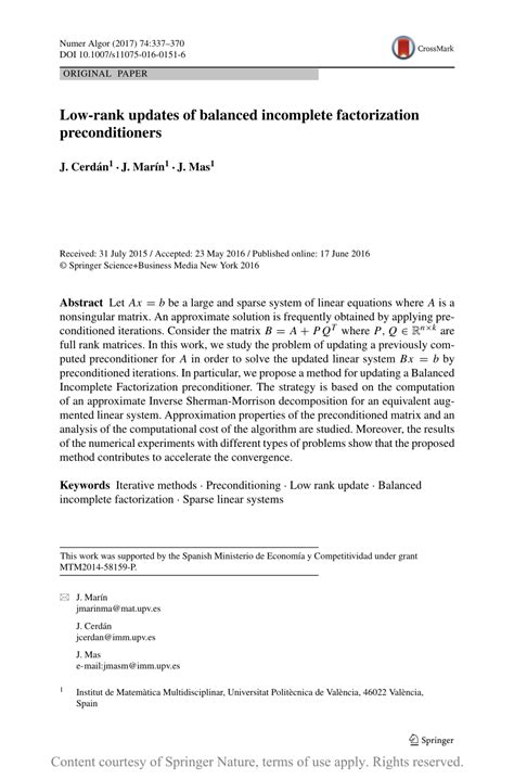 Low Rank Updates Of Balanced Incomplete Factorization Preconditioners Request Pdf