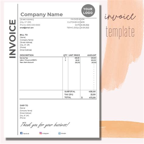 Invoice Template Excel And Google Sheets Easy Invoice Etsy