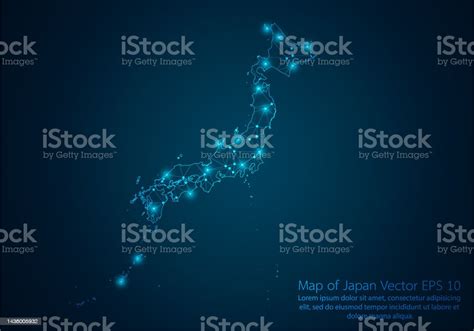 일본지도가있는 어두운 배경에 추상적 인 매쉬 선과 포인트 스케일3d 메쉬 다각형 네트워크 라인 디자인 구체 점 및 구조 벡터 일러스트 레이 션 Eps 10 일본에 대한 스톡