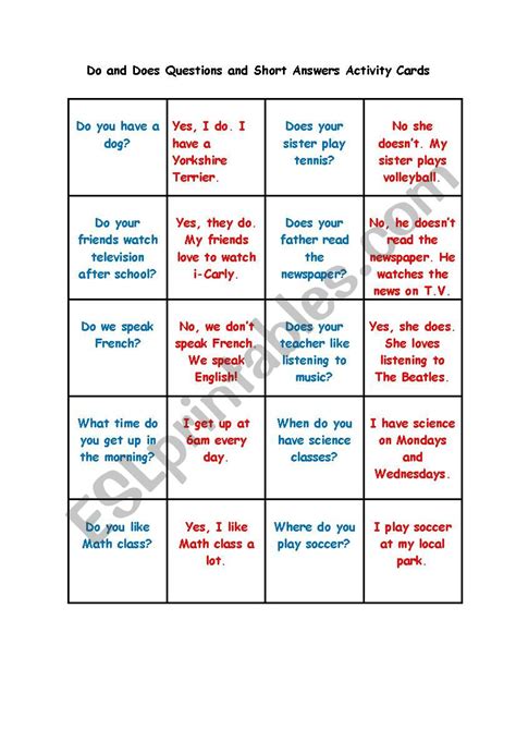 Do And Does Question And Answer Activity Cards Esl Worksheet By Jojam