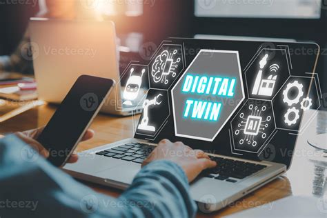 Digital Twin Business And Industrial Process Modelling Businessman Working On Laptop With