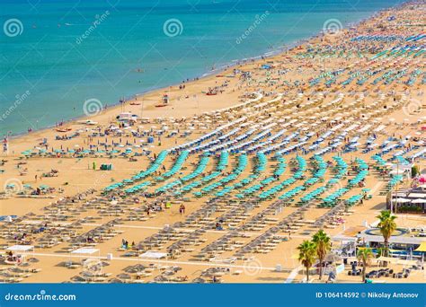 Aerial View Of Rimini Beach With People And Blue Water Summer Vacation