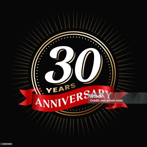 30 년 기념일 로고 디자인은 붉은 색 리본과 금색 반짝이는 서클 축하 요소와 함께합니다 30 일 결혼 기념일 포스터 템플릿 회사 30 년 나이 성공 배너 검은 배경