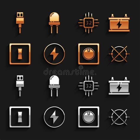 Set Lightning Bolt Car Battery Electric Circuit Scheme Light Switch Processor With
