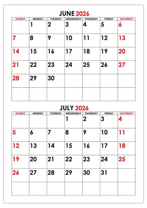 Calendar For June July 2026 Free Calendarsu
