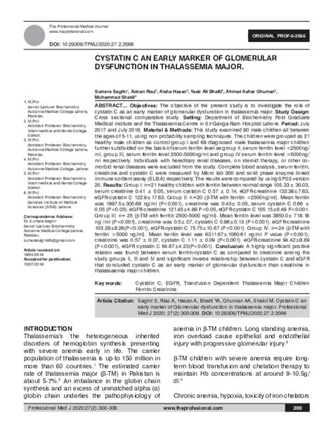 Pdf Cystatin C An Early Marker Of Glomerular Dysfunction In Thalassemia Major