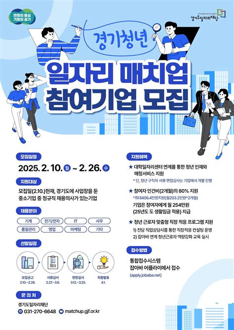 경기도일자리재단 📢참여기업 모집 경기 청년 일자리 매치업 취업지원사업 모집일정 2025210~226 1800 신청자격 모집공고일 기준 道 중소기업 🎁
