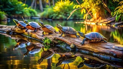Urban Creek Turtles Bask In The Sun On A Log After A Rainy Day Stunning Long Exposure