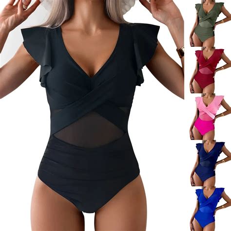Womens Swimsuit 2024 Trend Tummy Control V Neck Sexy Bikini Ruched