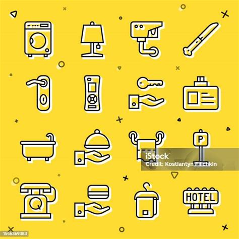 텍스트 호텔 주차 식별 배지 보안 카메라 원격 제어 도어 핸들 세탁기 및 도어록 키 아이콘으로 라인 간판을 설정합니다 벡터 가리기에 대한 스톡 벡터 아트 및 기타 이미지