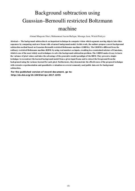 Pdf Background Subtraction Using Gaussianbernoulli Restricted Boltzmann Machine Moongu Jeon
