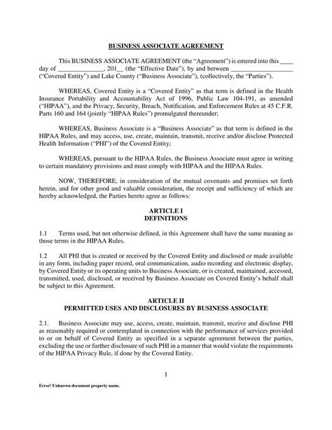 Free Printable Business Associate Agreement Baa Templates Word