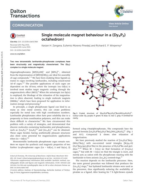 Pdf Single Molecule Magnet Behaviour In A Dy4p2 Octahedron