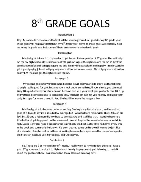 8th Grade Essay 8 Th Grade Goals Introduction 1 Hey My Name Is Donovan And Today I Will Be