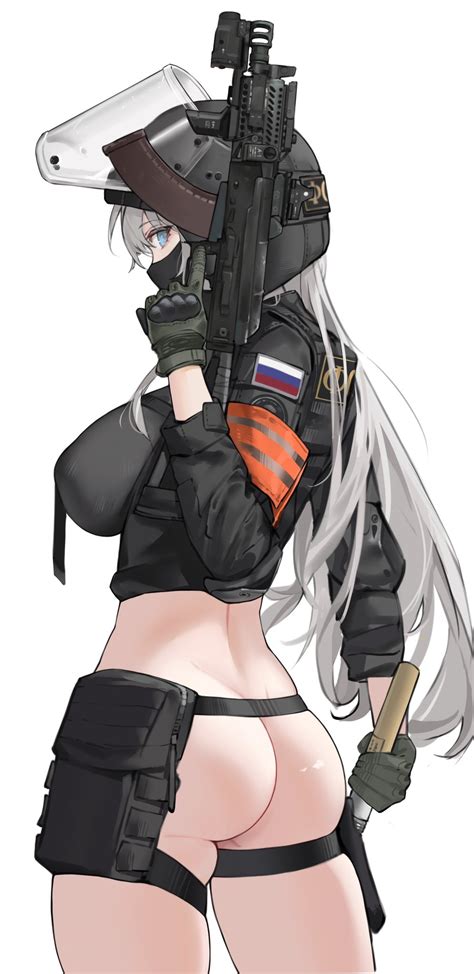 Sawkm Original Highres 1girl Ammunition Pouch Armband Ass Assault Rifle Black Jacket