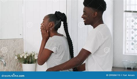 Happy Black Couple Hug And Bathroom For Love Care Or Embrace Together