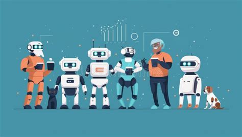 Illustration Of Various Robots Assisting Human Concept Of Ai And