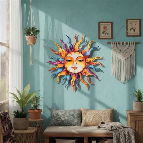 Colorful Sun Face Metal Wall Art Bohemian Outdoor Garden Decor