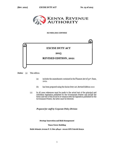 Excise Duty Act 2015 Revised 2021 Pdf Excise Taxation