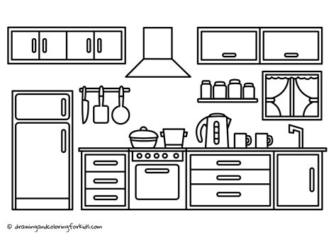 Coloring Page Kitchen Drawing Kitchen Cabinets Kitchen Coloring