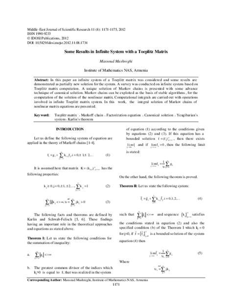 Pdf Some Results In Infinite System With A Toeplitz Matrix