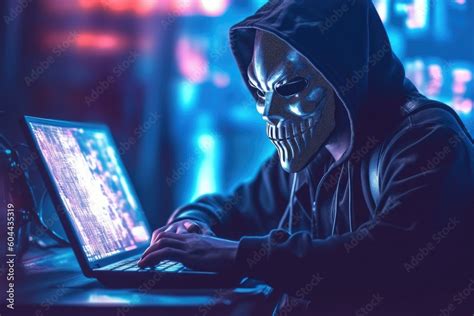 Hacker Stealing Data Anonymous Robot Hacker With Skull Mask Typing Computer Laptop Concept Of