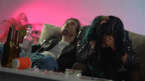 High Girl Feeling Sick And Vomiting At Party Intoxicated Man Relaxing