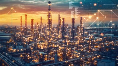 Illuminated Industrial Complex At Night With Network Overlay Stock Illustration Illustration