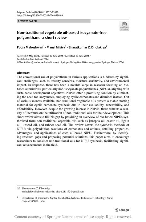 Non Traditional Vegetable Oil Based Isocyanate Free Polyurethane A Short Review Request Pdf