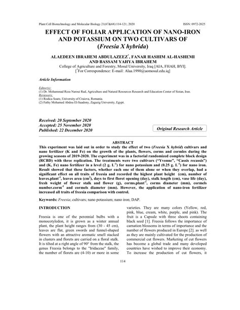 Pdf Effect Of Foliar Application Of Nano Iron And Potassium On Two Cultivars Of Freesia X