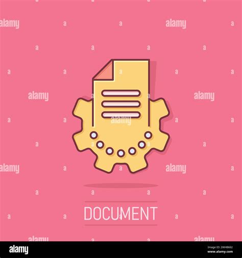document with gear icon in comic style big data processing cartoon vector illustration on