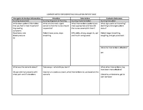 Learner Notes For Debriefing Simulation Patient Case Learner Notes