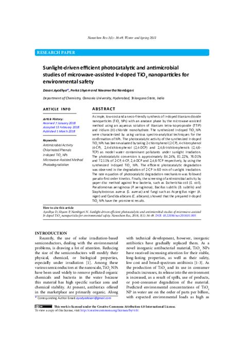 Pdf Sunlight Driven High Photocatalytic Activity Of Sn Doped N Tio2 Nanoparticles Synthesized