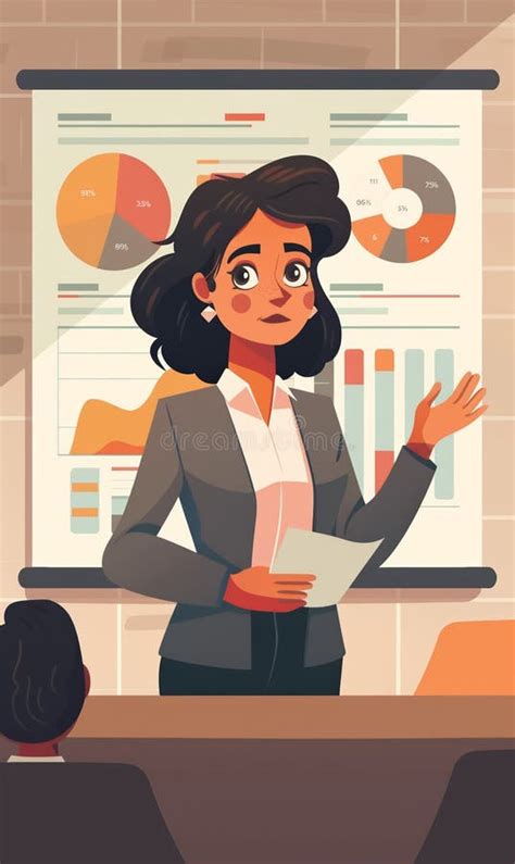 Colorful Illustration Of Woman Presenting Data Charts On Board In