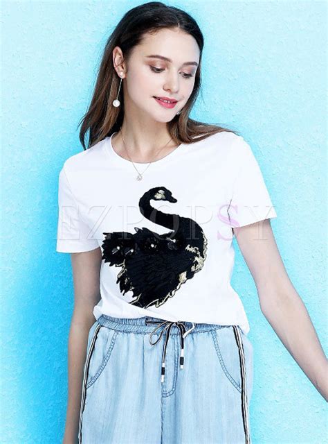 Tops T Shirts Brief Stereoscopic Pattern Embroidered Casual T Shirt